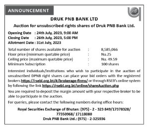 Auction for unsubscribed rights shares of Druk PNB bank Ltd. – Druk PNB Bank Ltd.